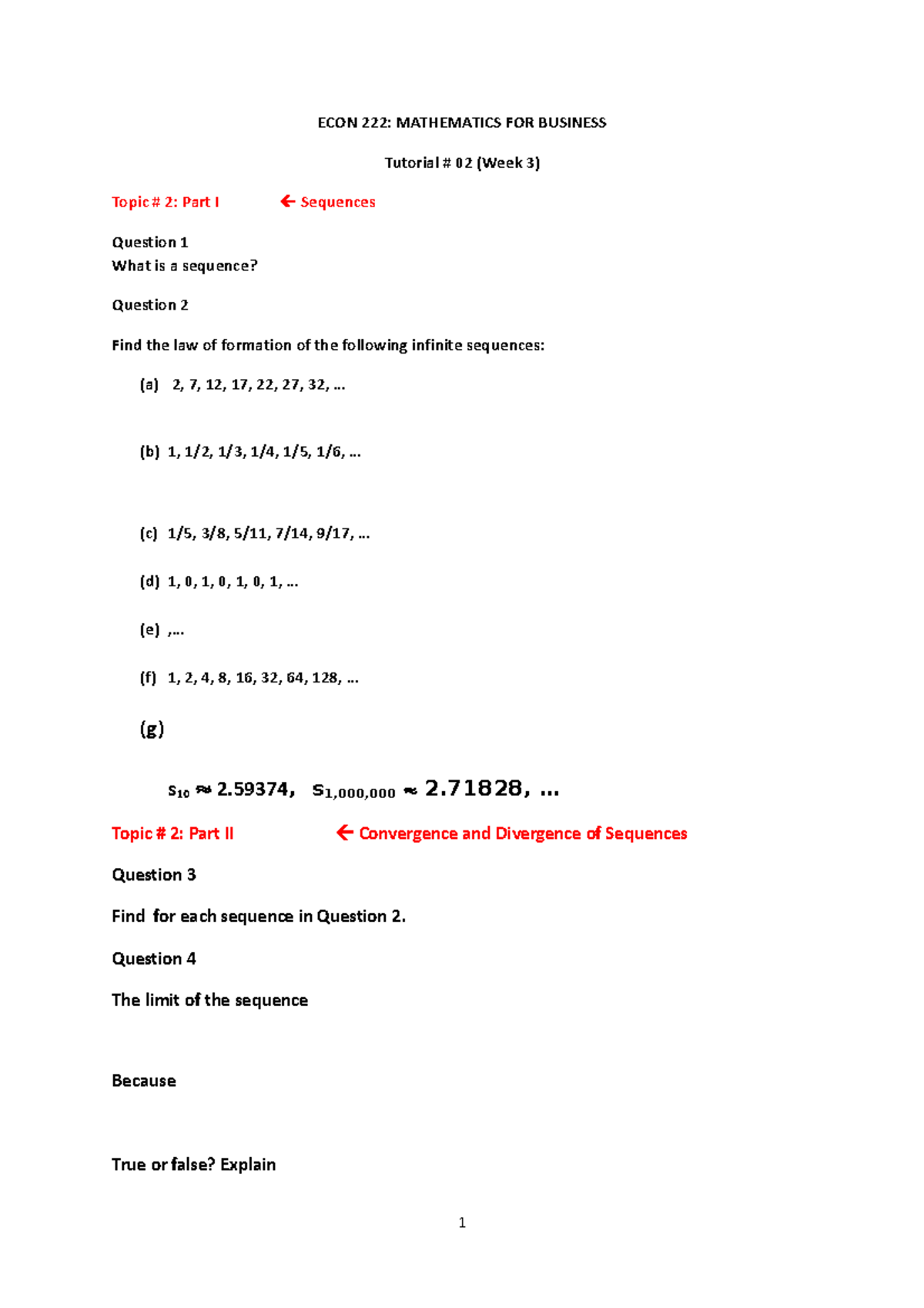 222, Tute # 02 (Questions) - ECON 222: MATHEMATICS FOR BUSINESS ...