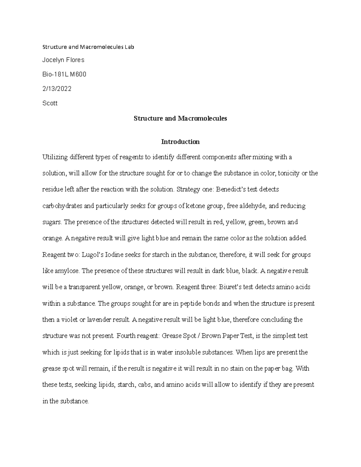 Structure and Macromolecules Lab - Structure and Macromolecules Lab ...