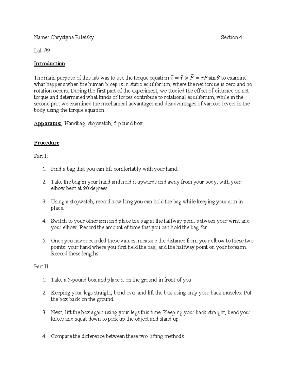 Lab 9- Statics - Name: Chrystyna Biletsky Section 41 Lab # Introduction ...
