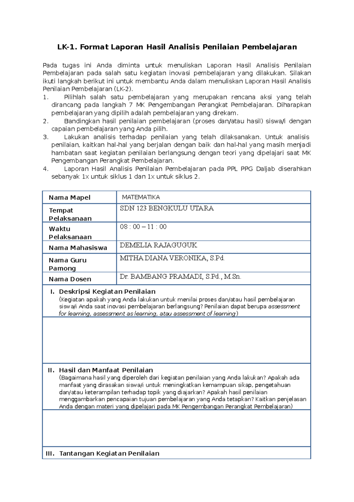 Format Hasil asesmen pembelajaran - LK-1. Format Laporan Hasil Analisis Penilaian Pembelajaran ...