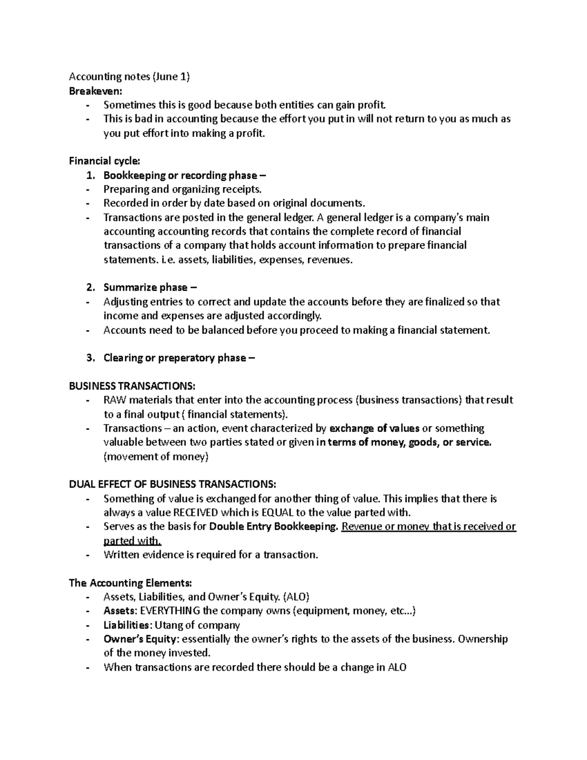 Acctng Notes - Accounting notes (June 1) Breakeven: - Sometimes this is ...
