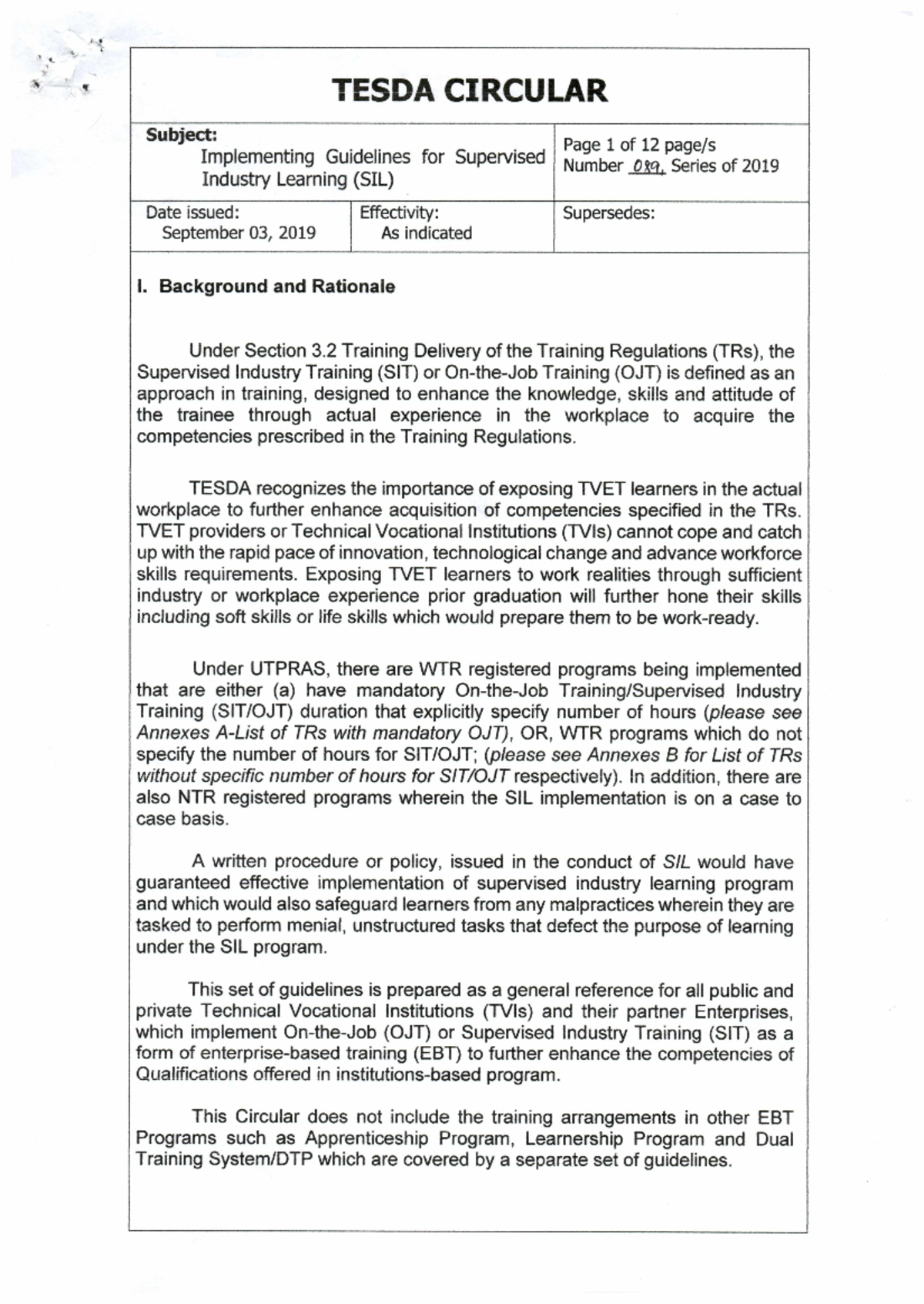 Tesda Circular No. 089-2019 - Subject: Implementing Guidelines for ...