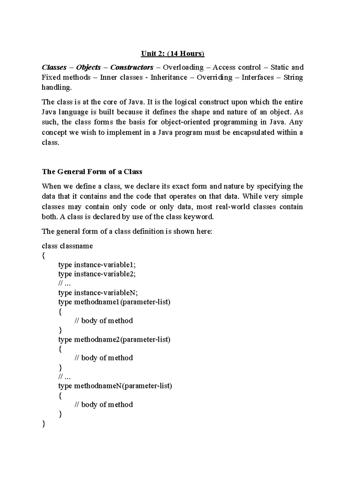 Java Programming Notes Unit 2 Unit 2 14 Hours Classes Objects Constructors
