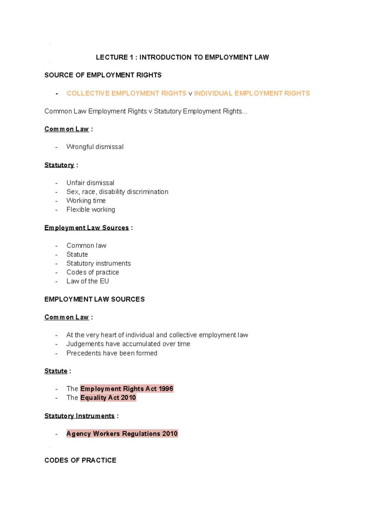 Lecture 1 Summary - LECTURE 1 : INTRODUCTION TO EMPLOYMENT LAW SOURCE ...