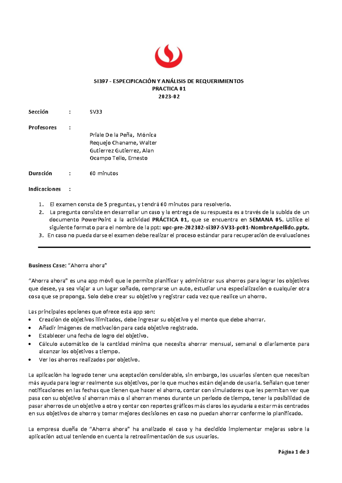 Pc1 especificaciones - pc1 - Página 1 de 3 SI397 - ESPECIFICACIÓN Y ANÁLISIS DE REQUERIMIENTOS ...