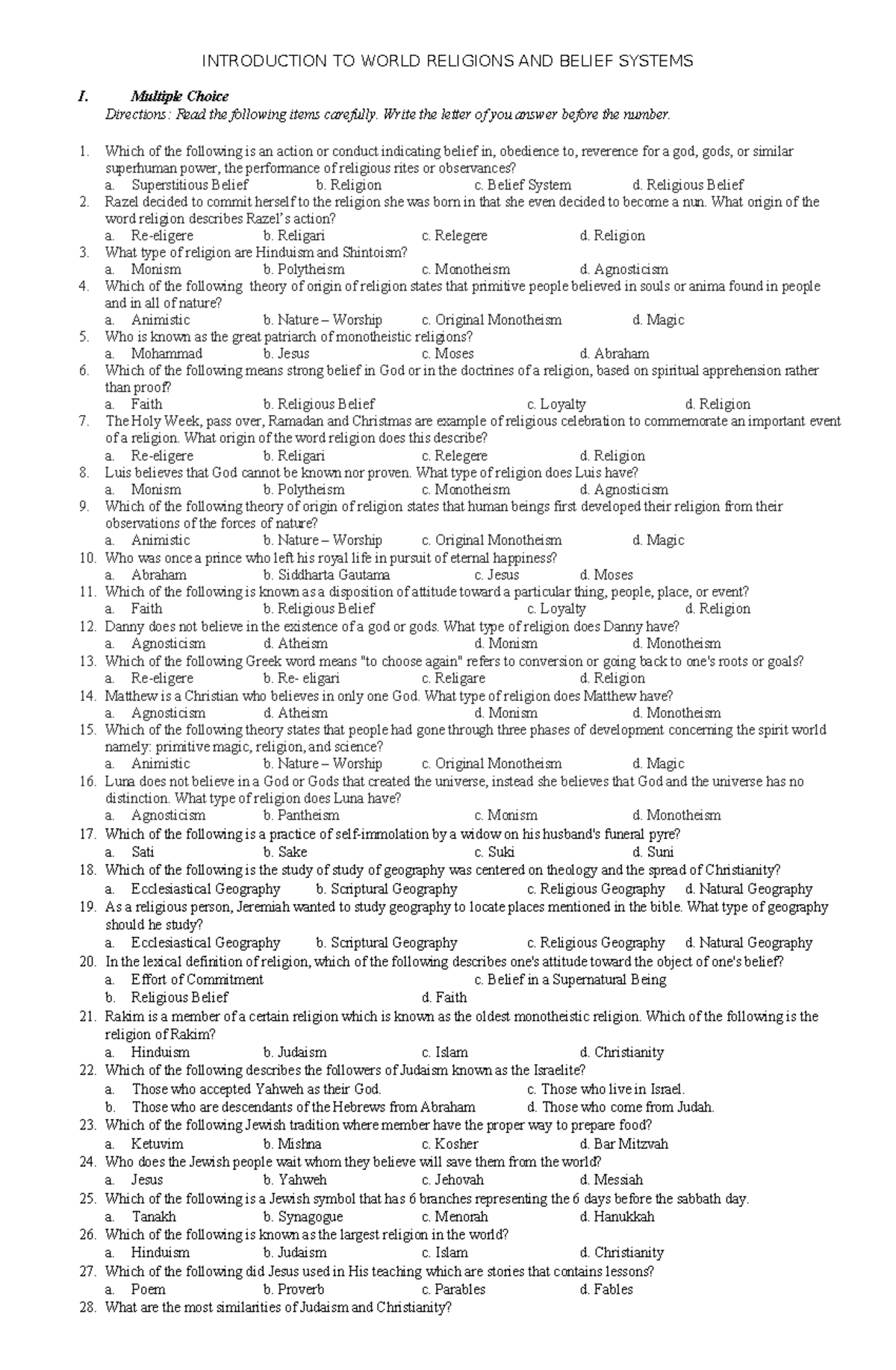 Religion - Sample examination - INTRODUCTION TO WORLD RELIGIONS AND ...