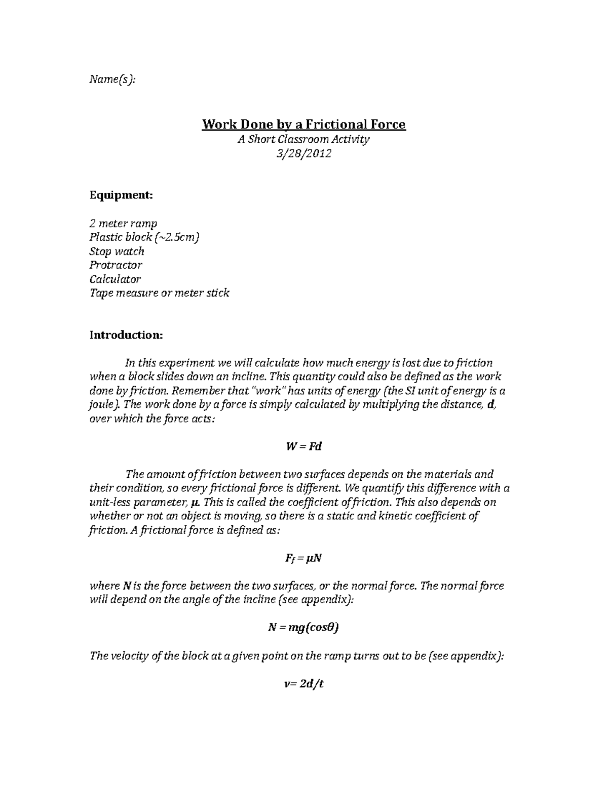 Frictionworklab - friction lab 2 - Name(s): Work Done by a Frictional ...