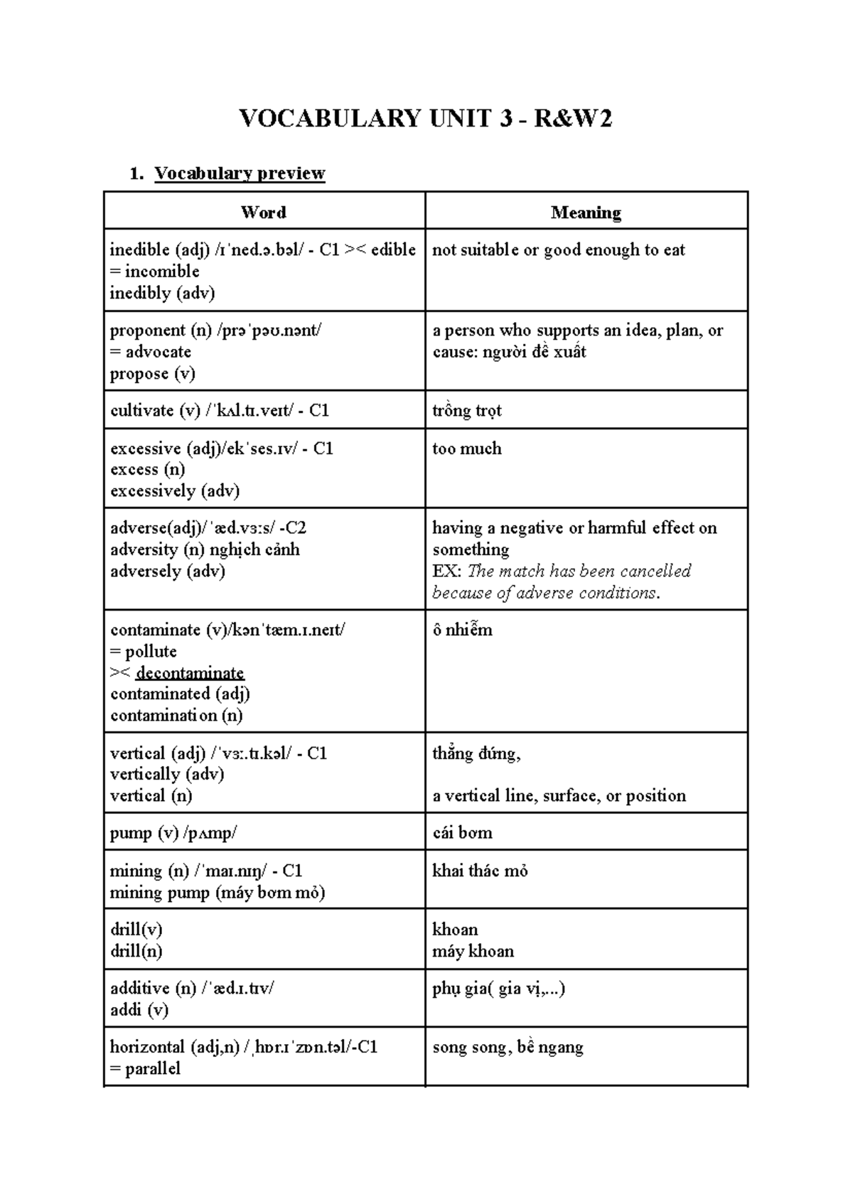 Vocabulary UNIT 3 - R&W2 - VOCABULARY UNIT 3 - R&W 1. Vocabulary preview Word Meaning inedible ...