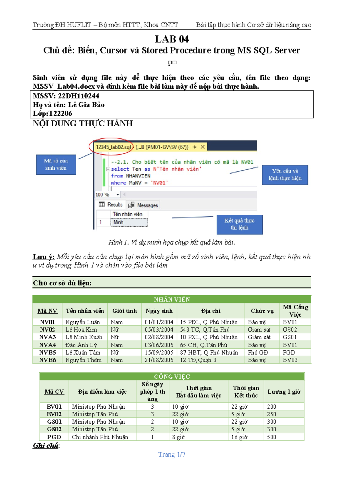 Lab04 - hay - LAB 0 4 Chủ đề: Biến, Cursor và Stored Procedure trong MS SQL Server Sinh viên sử ...
