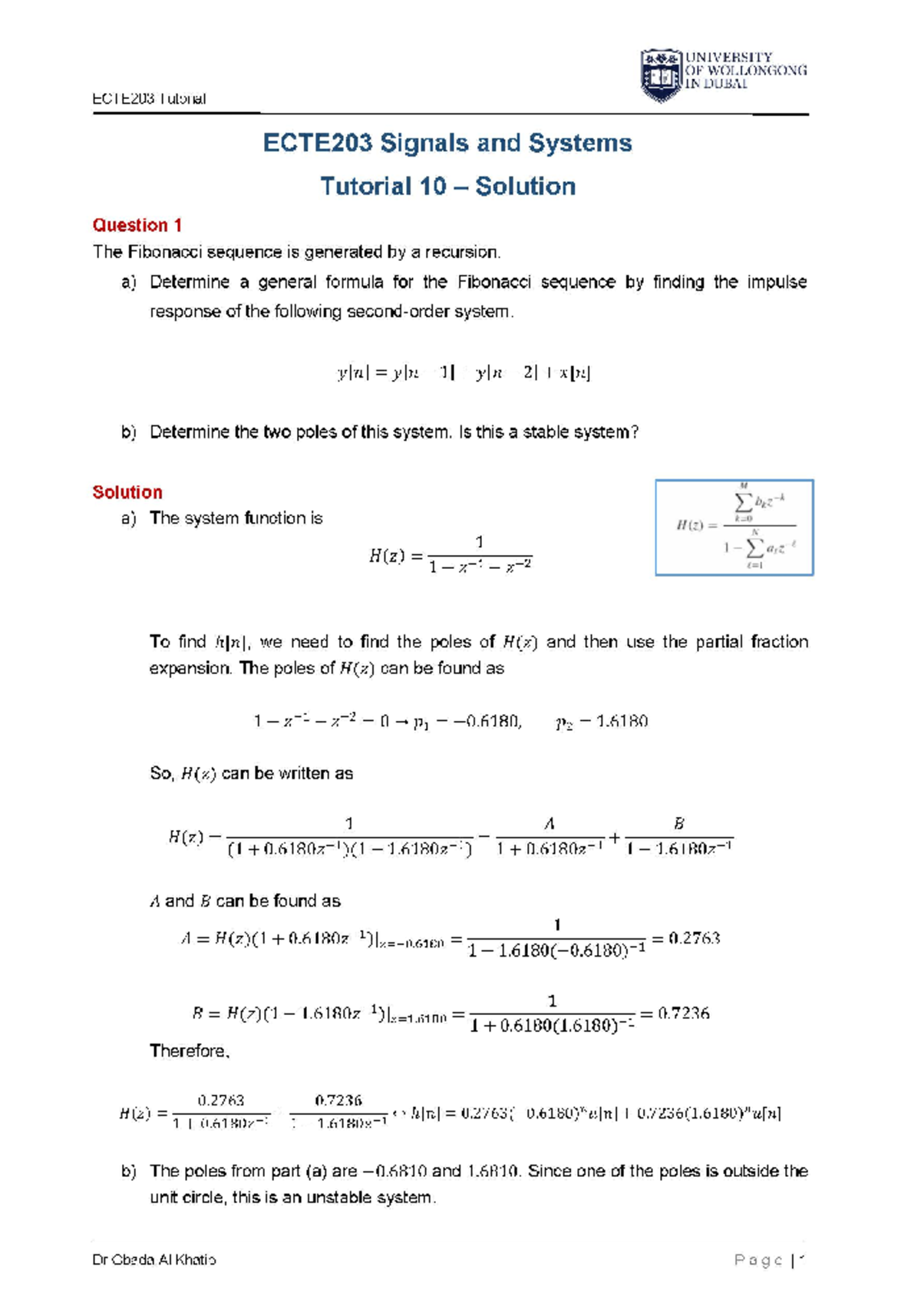 ECTE203 Tutorial 10 Solution - ECTE203 - UOW - Studocu