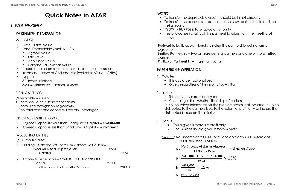 AFAR Notes by Dr - Quick Notes in AFAR I. PARTNERSHIP PARTNERSHIP ...