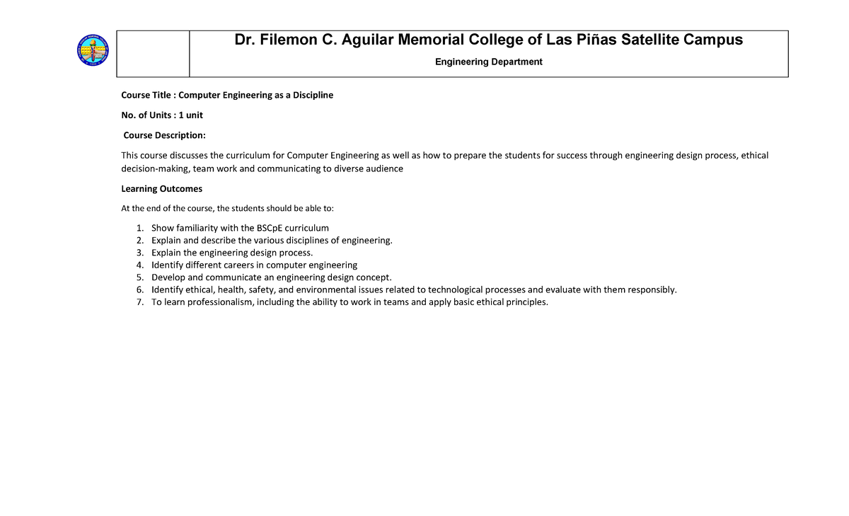 Syllabus Computer Engineering as a Discipline - Engineering Department ...