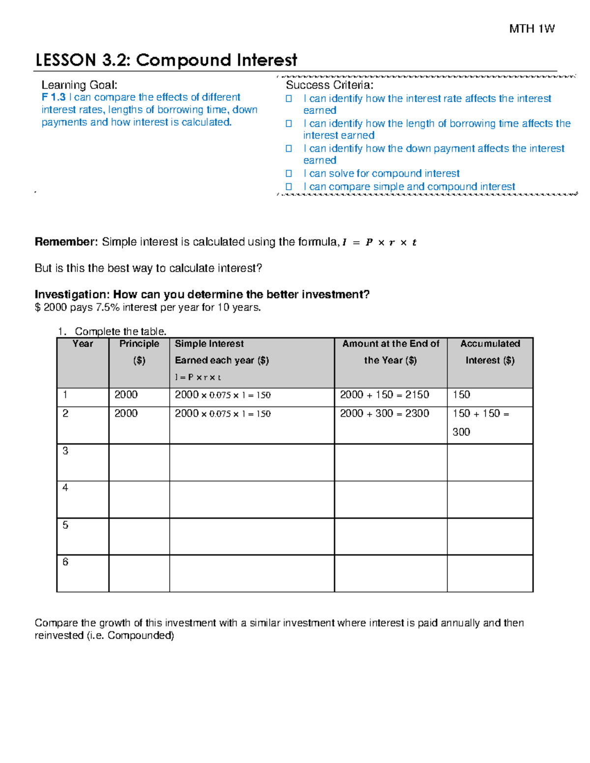 3.2 Compound interest - MATH MAINSTREAM 2022-2023 - MTH 1W LESSON 3 ...