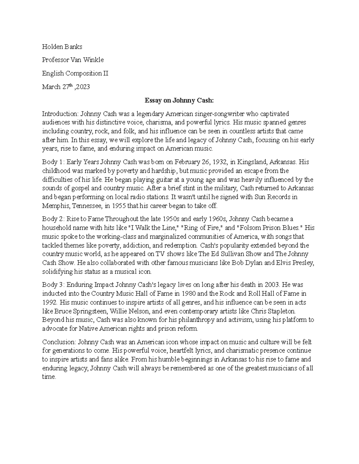 Essay on Johnny Cash and his Lifestyle - Holden Banks Professor Van ...