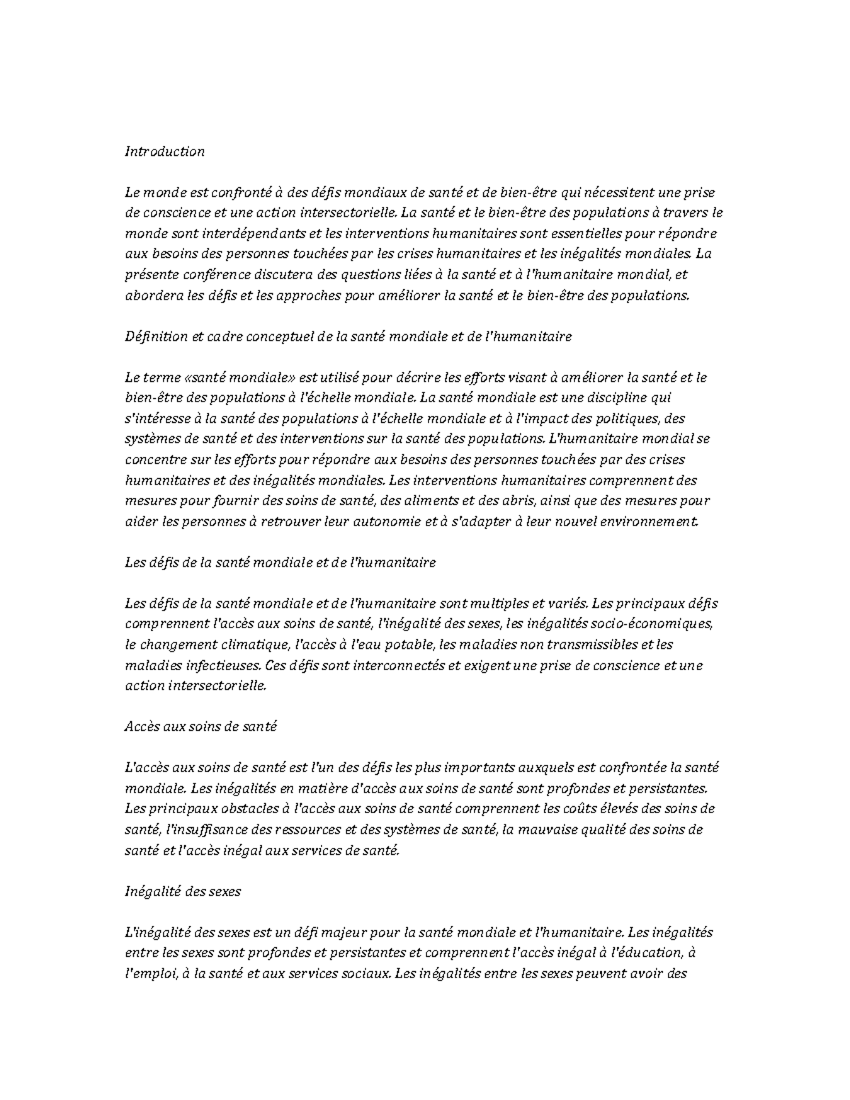 Global Health and Humanitarianism - Introduction Le monde est confronté ...