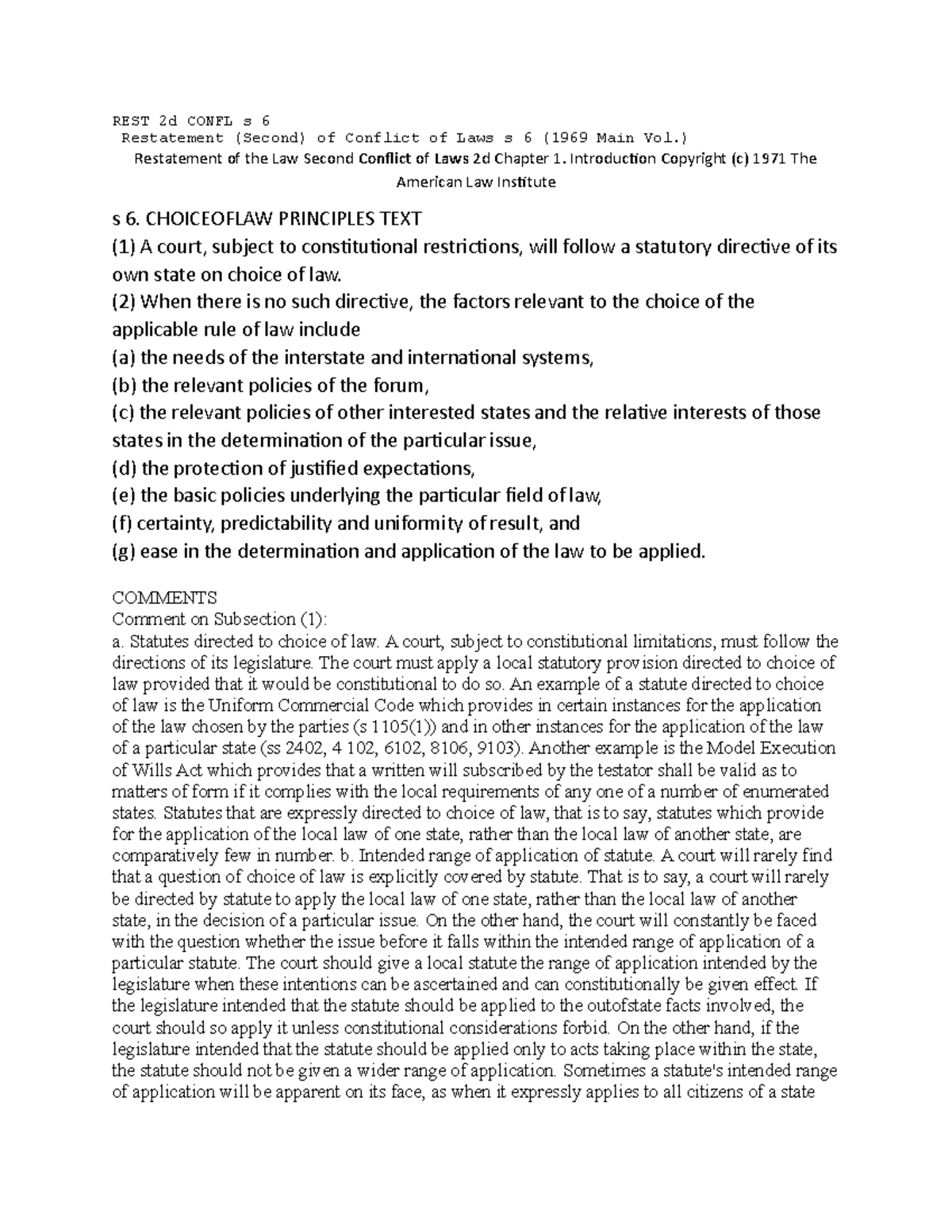 Conflict of laws for discussion - REST 2d CONFL s 6 Restatement (Second ...