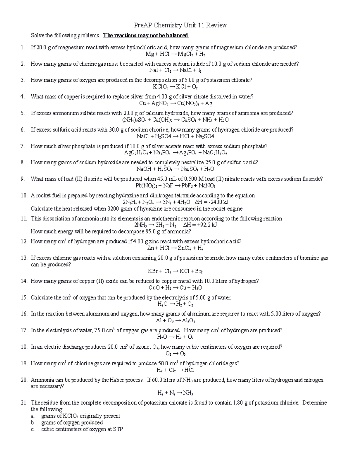 04 Review Unit 12 - It was fun - PreAP Chemistry Unit 11 Review Solve ...