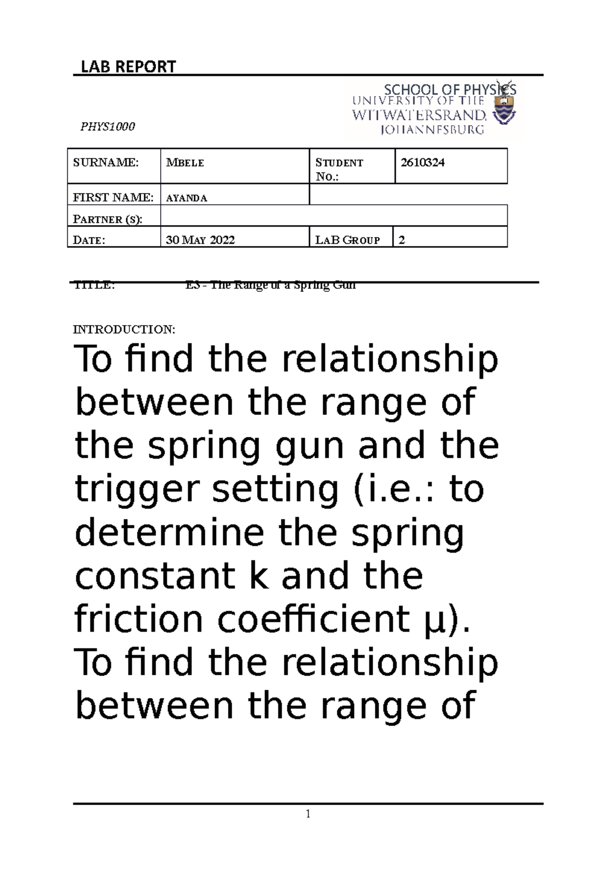 EXP03 - Spring Gun - Lab Report Template - LAB REPORT SCHOOL OF PHYSICS ...