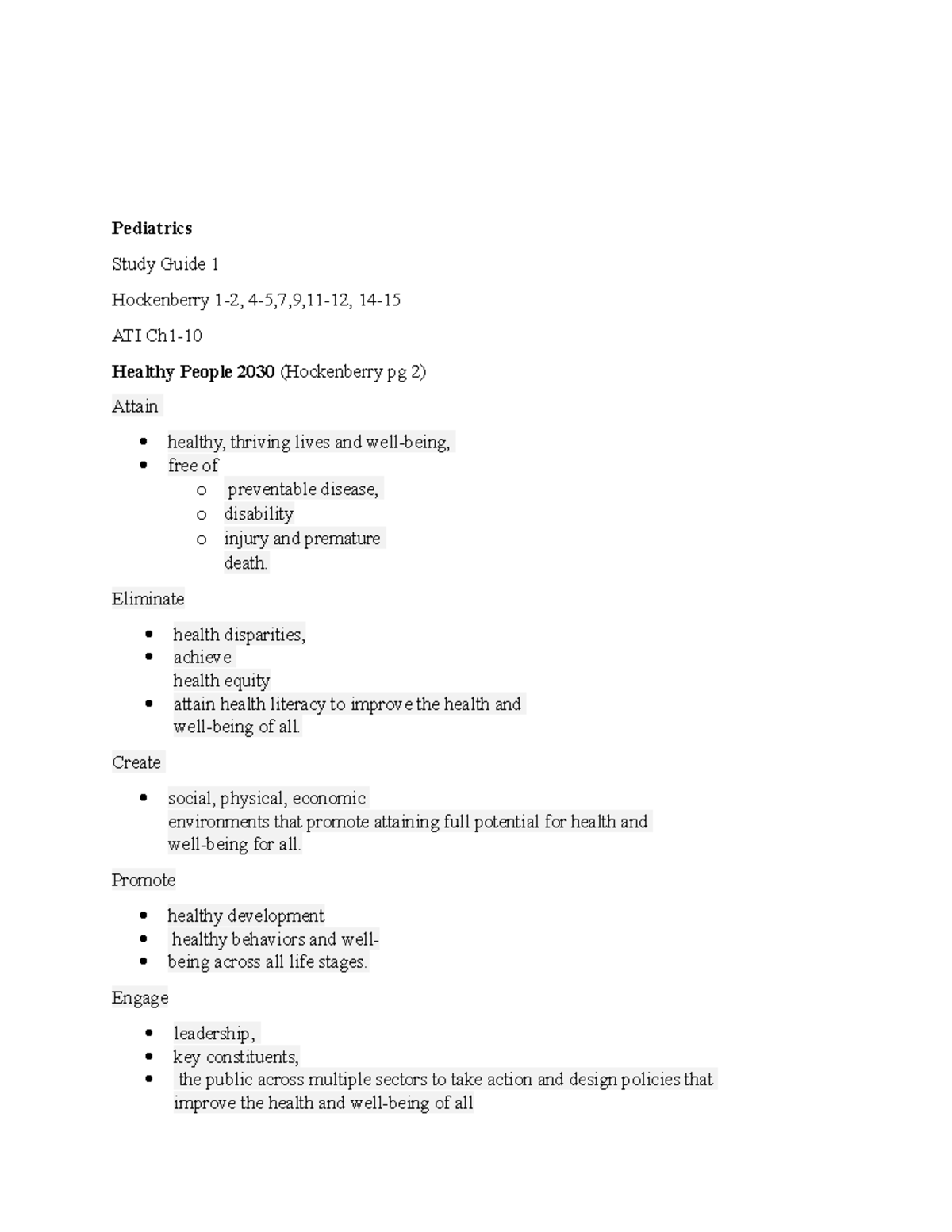 Peds Study Guide 1 - Pediatrics Study Guide 1 Hockenberry 1-2, 4-5,7,9 ...