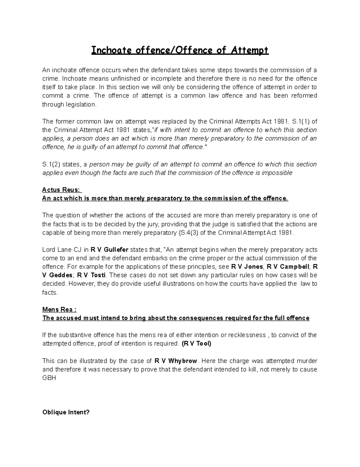 Inchoate-offence Offence of Attempt - Inchoate means unfinished or ...