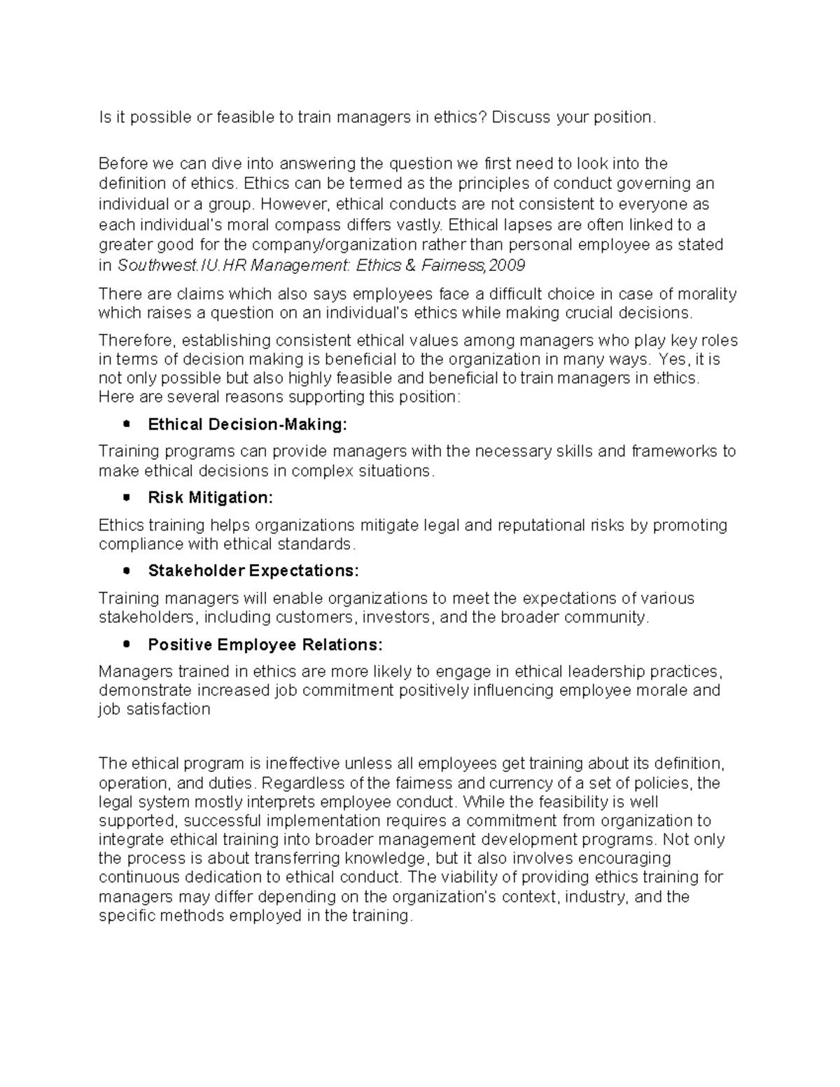 Is it possible or feasible to train managers in ethics - Before we can ...