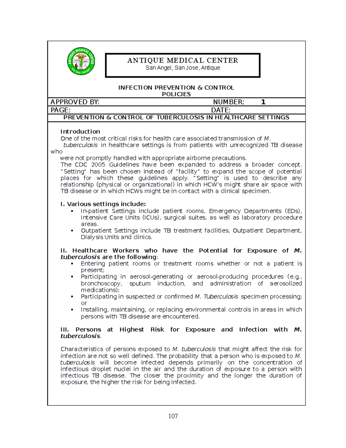Guidelines for Preventing the Transmission of TB - INFECTION PREVENTION ...