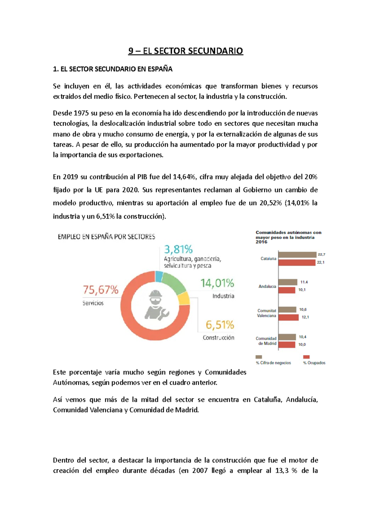 Resumen EL Sector Secundario - 9 – EL SECTOR SECUNDARIO 1. EL SECTOR SECUNDARIO EN ESPAÑA Se ...