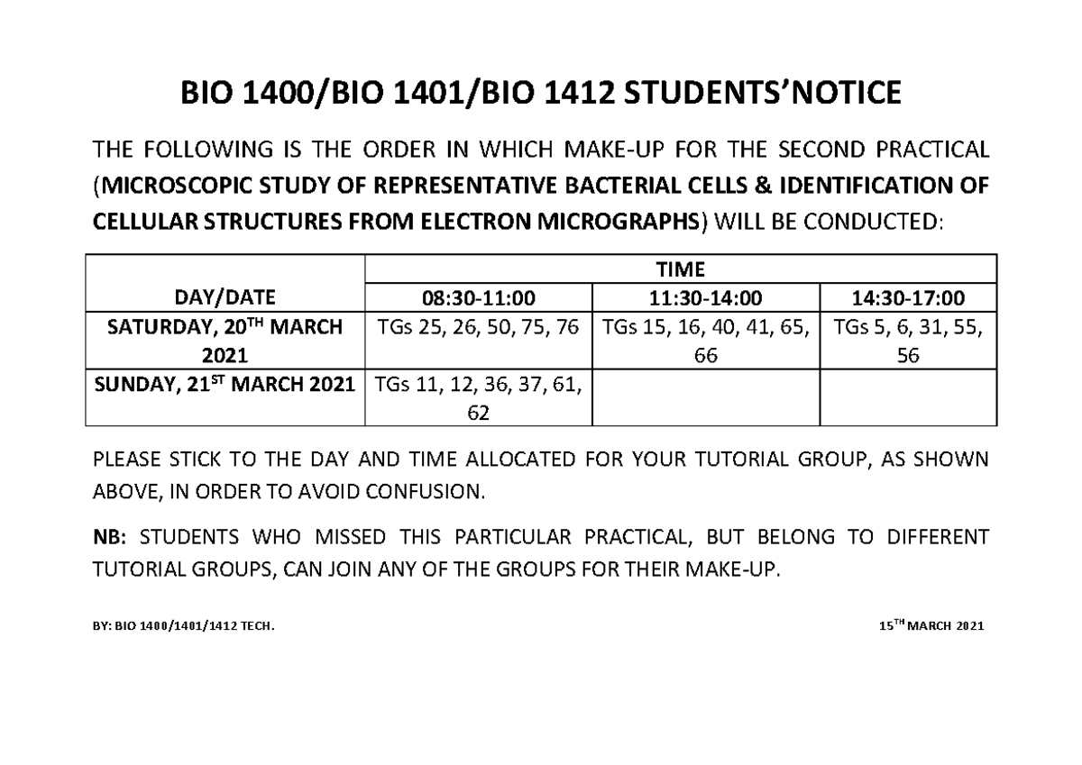 BIO 1400-BIO 1401-BIO 1412 LAB MAKE UP 2021 - BIO 1400/BIO 1401/BIO ...