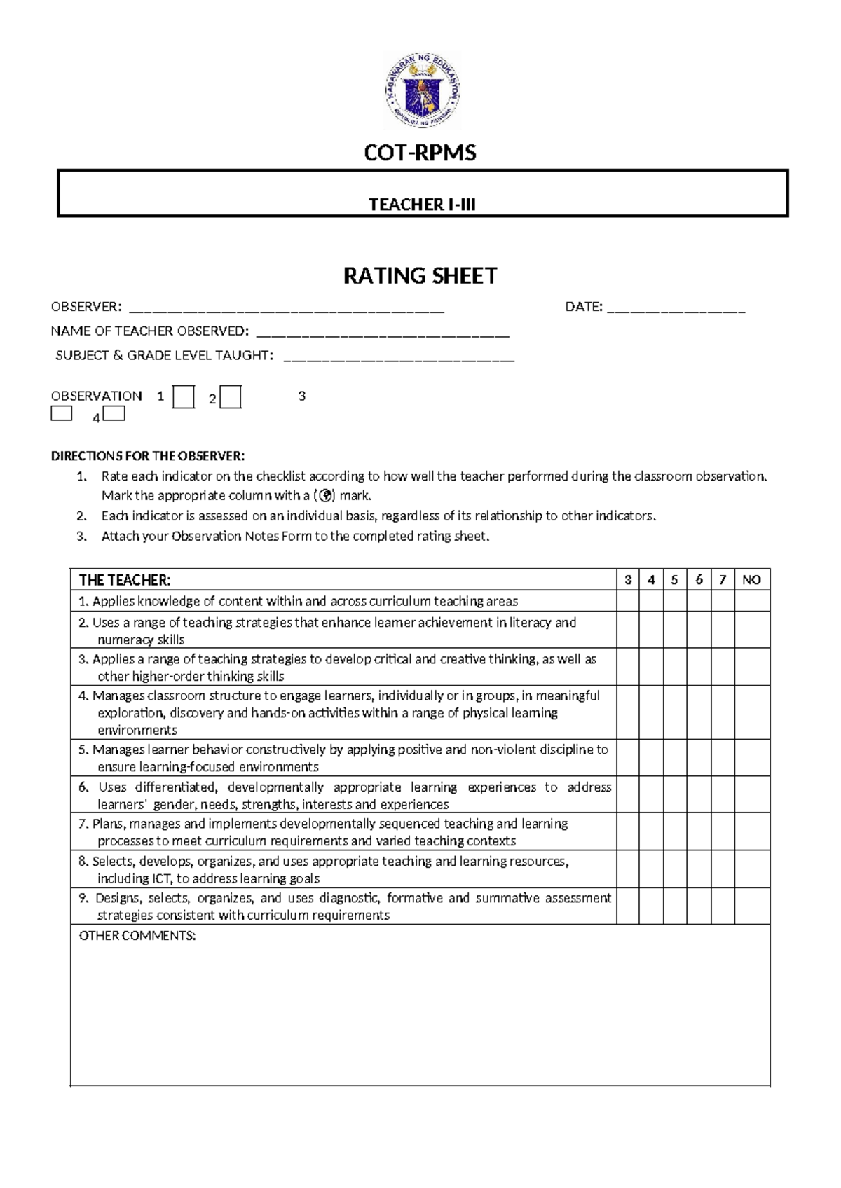 Rating Sheet Teacher I-III 051018 - COT-RPMS TEACHER I-III RATING SHEET ...