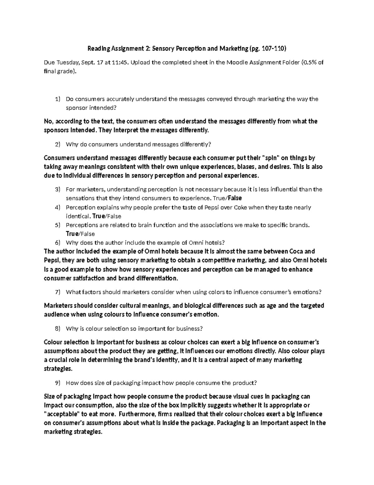 Reading Assignment 2 Questions F2024 - Reading Assignment 2: Sensory Perception and Marketing ...