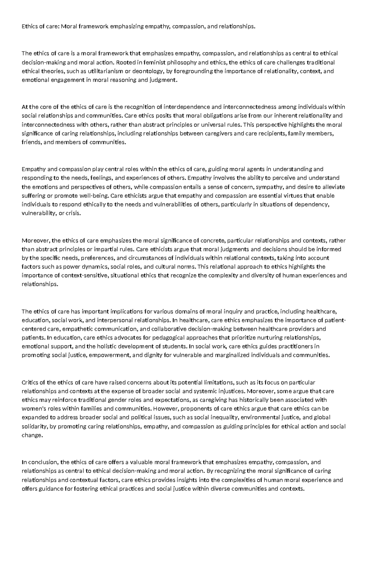 Ethics of care - essay - Ethics of care: Moral framework emphasizing ...