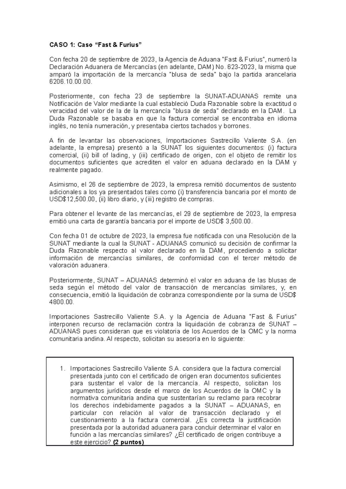 Trabajo comercio - CASO 1: Caso “Fast & Furius” Con fecha 20 de ...