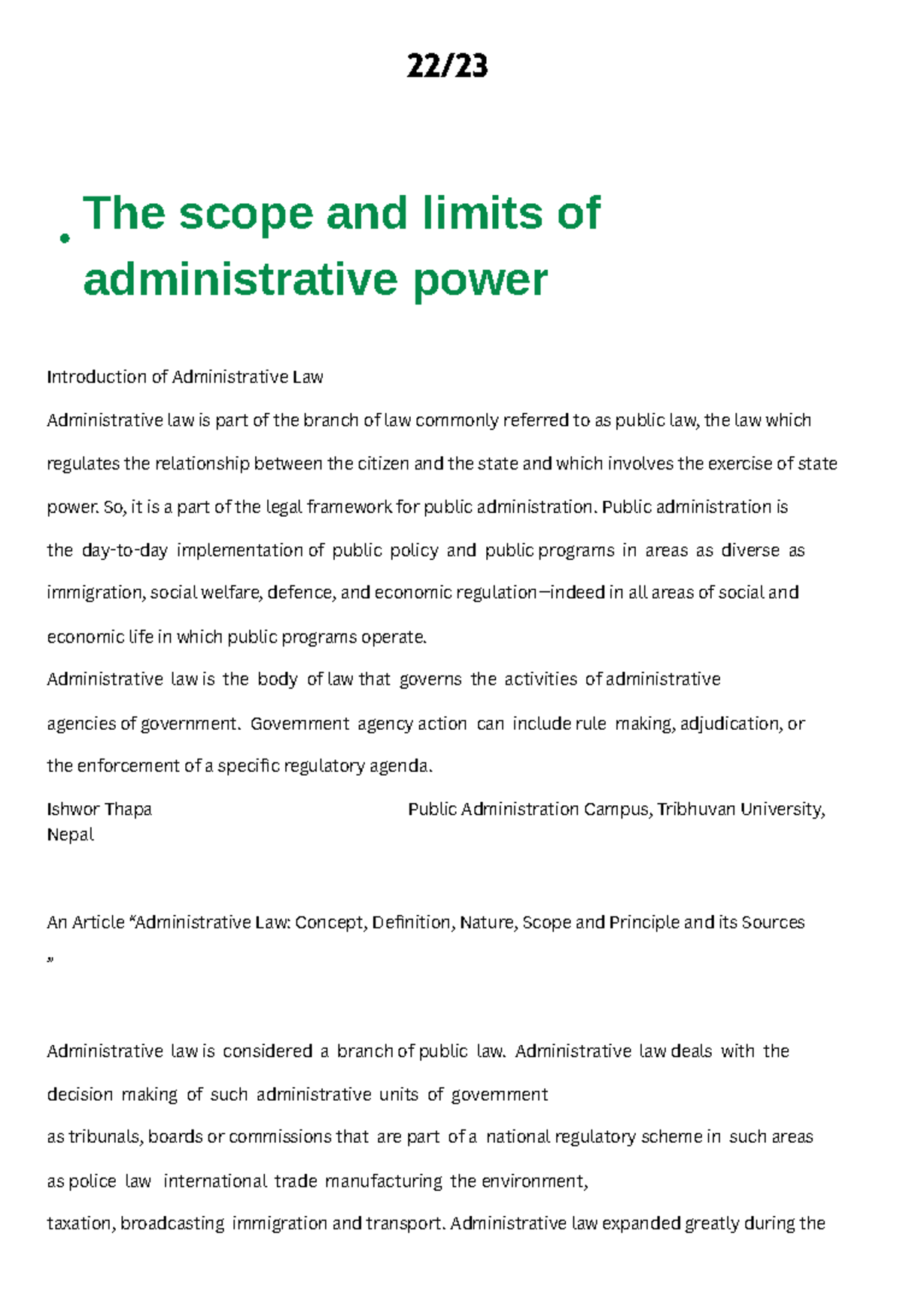 The scope and limits of administrative power - 22/ Introduction of ...