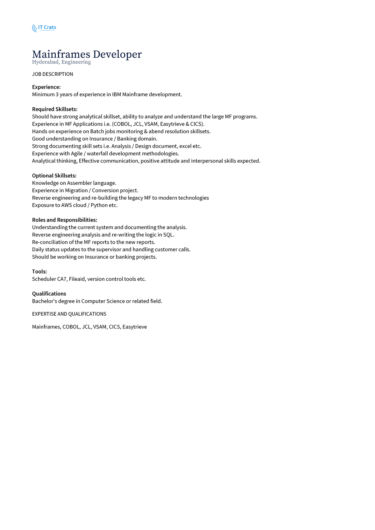 Job Description - So please - Mainframes Developer Hyderabad, Engineering JOB DESCRIPTION - Studocu