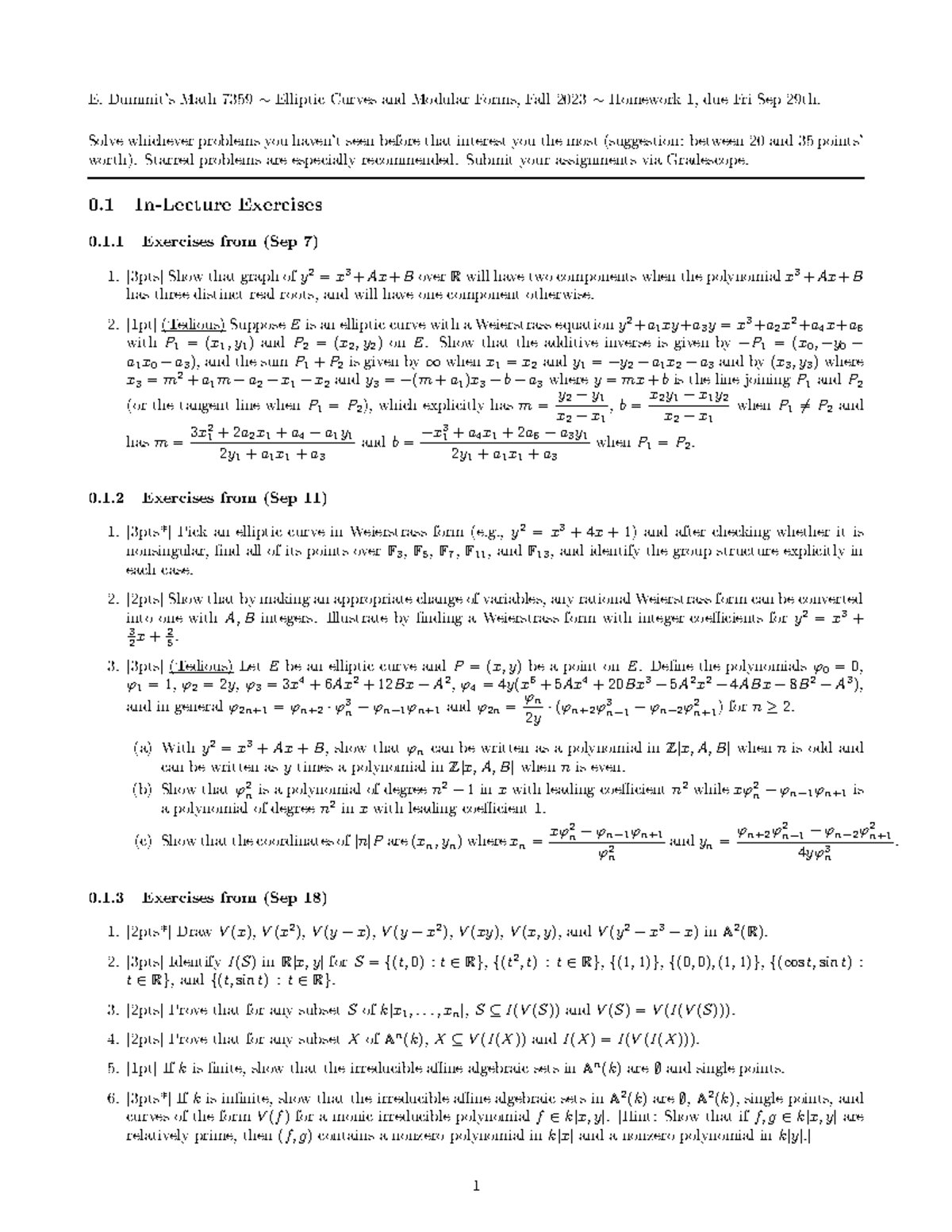 7359 homework 1 - Lecutre - E. Dummit's Math 7359 ∼ Elliptic Curves and ...
