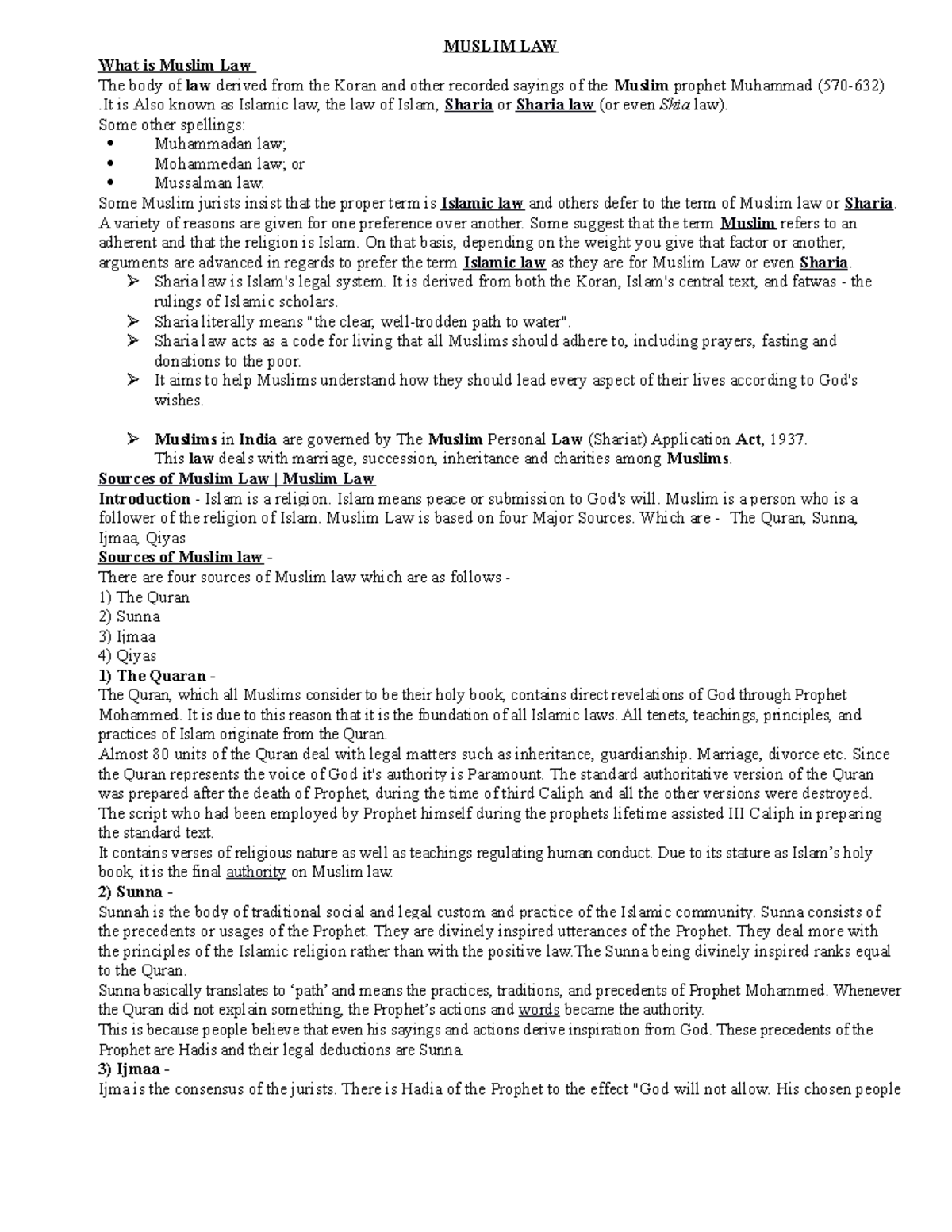 Muslim Law -paper -1 - MUSLIM LAW What is Muslim Law The body of law ...