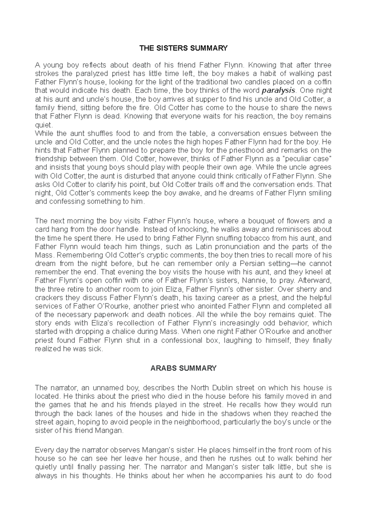 THE Sisters Summary - THE SISTERS SUMMARY A young boy reflects about ...