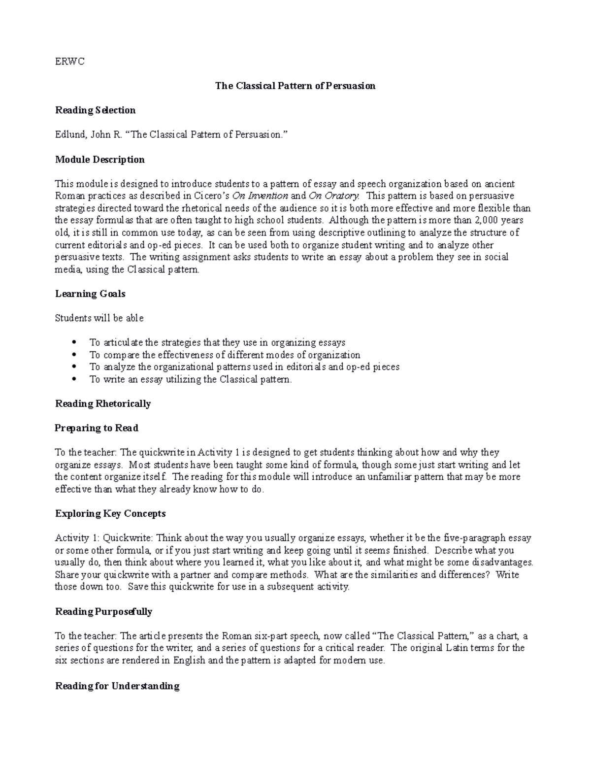 Classical pattern for English writing - ERWC The Classical Pattern of ...