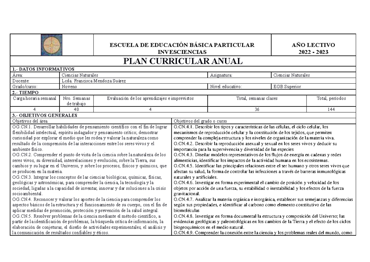 PCA CCNN 9 - PLANIFICACIÓN - ESCUELA DE EDUCACIÓN BÁSICA PARTICULAR INVESCIENCIAS AÑO LECTIVO ...