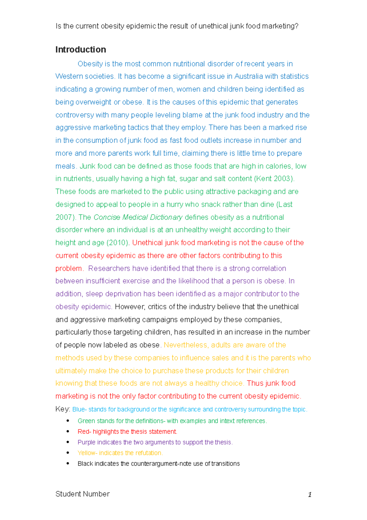 Model essay colour codes breakdown. - Introduction Obesity is the most ...