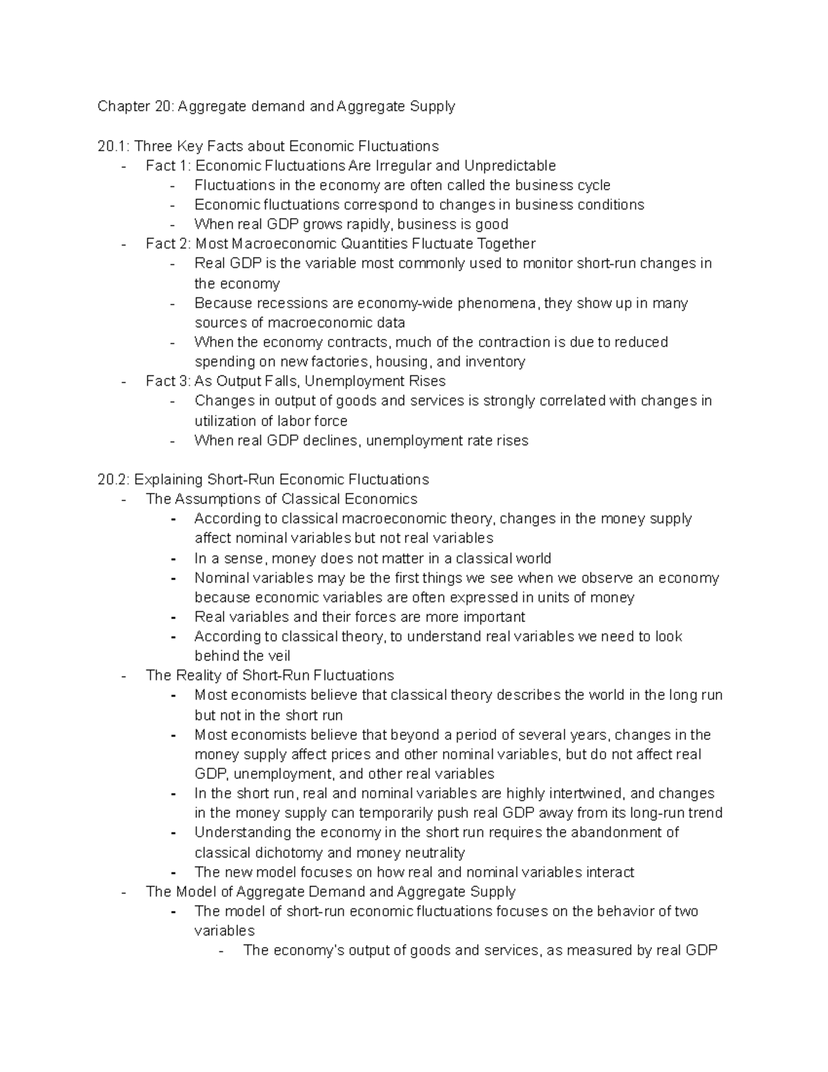 Chapter 20 Notes - Chapter 20: Aggregate demand and Aggregate Supply 20 ...