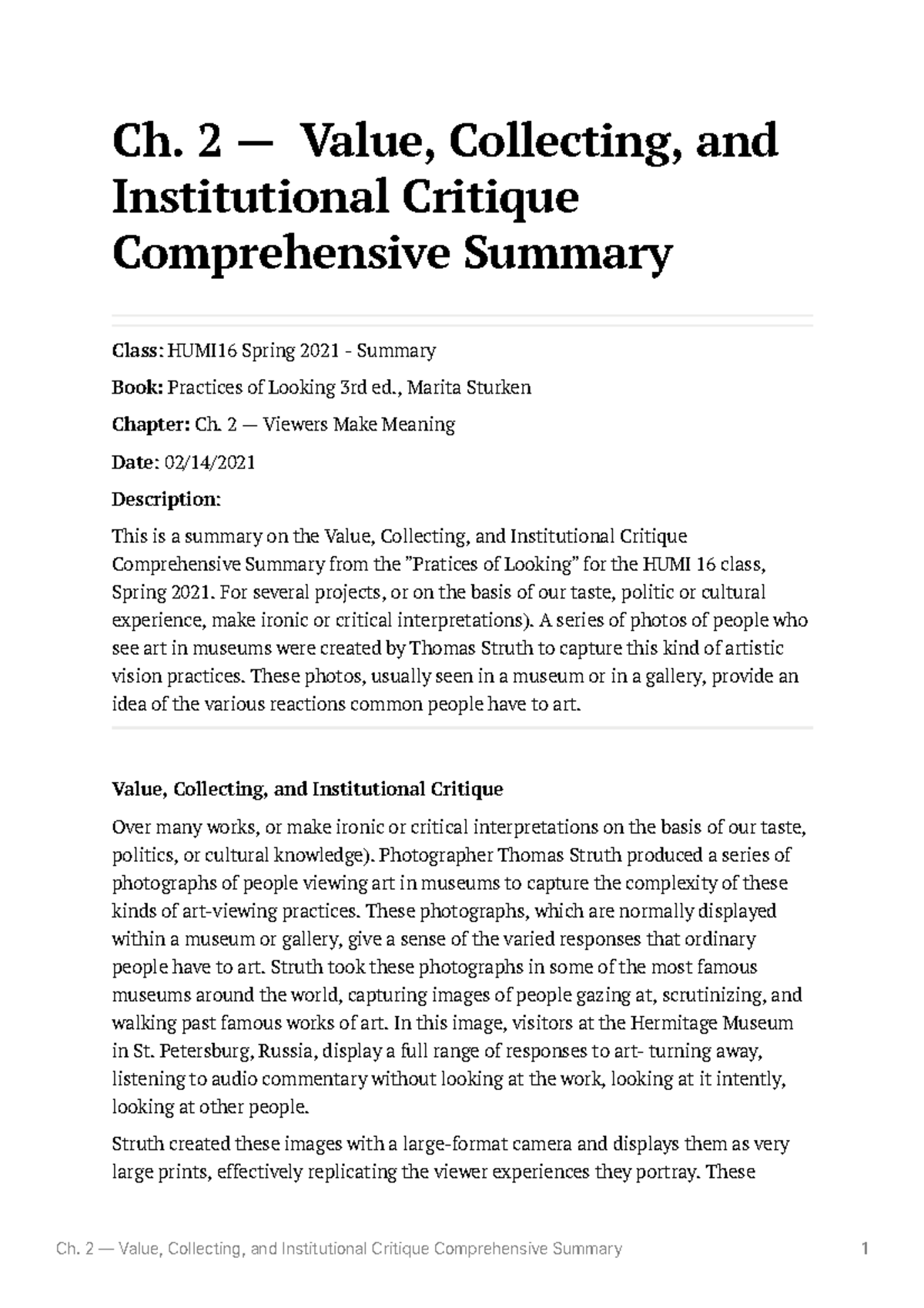 Ch. 2 — Value, Collecting, and Institutional Critique Comprehensive ...