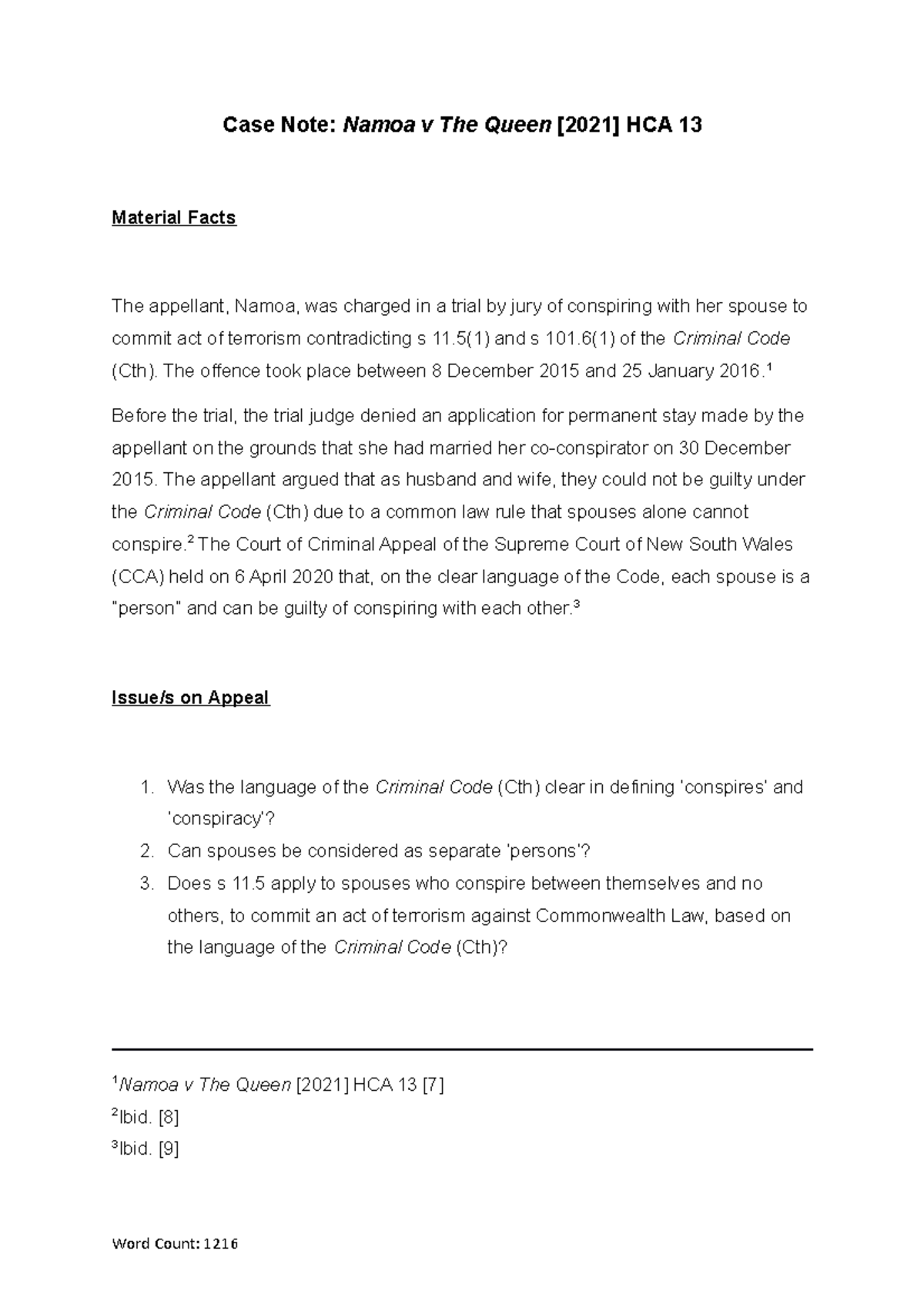 LLB101 Case Note: Namoa v The Queen [2021] HCA 13 - LLB101 - QUT - Studocu