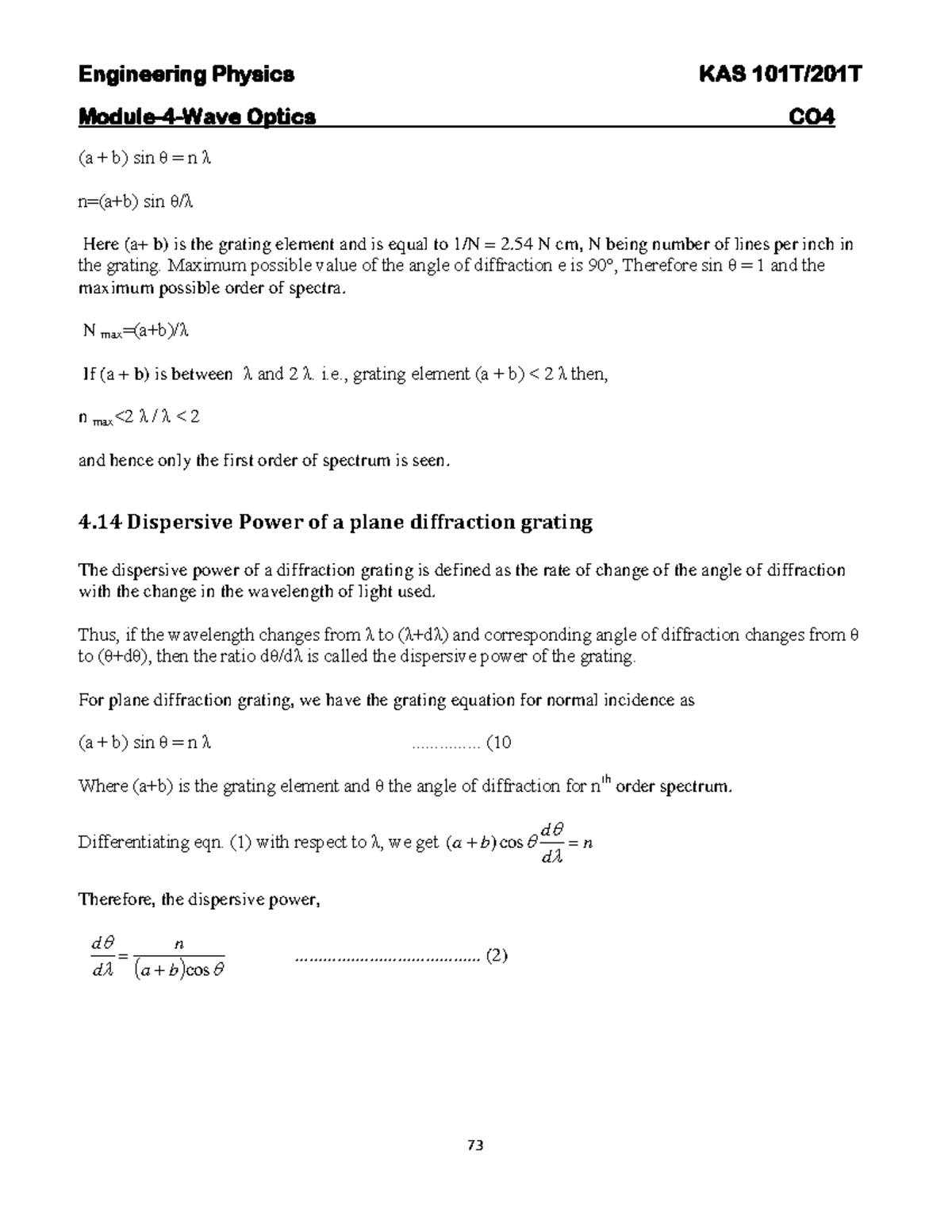 Engineering Physics (Notes)-16 - Module- 4 - Wave Optics CO (a + b) sin ...