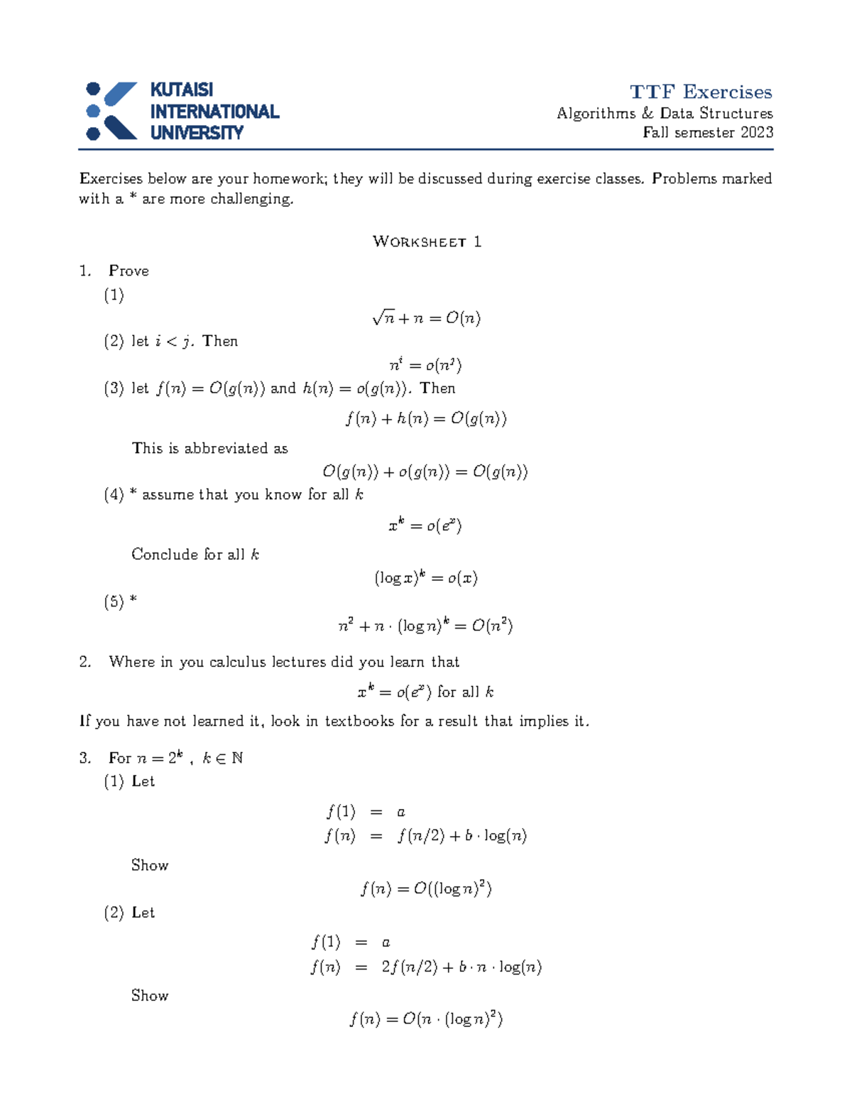 I2EA - Worksheet 1 - sdfg - TTF Exercises Algorithms & Data Structures Fall semester 2023 - Studocu