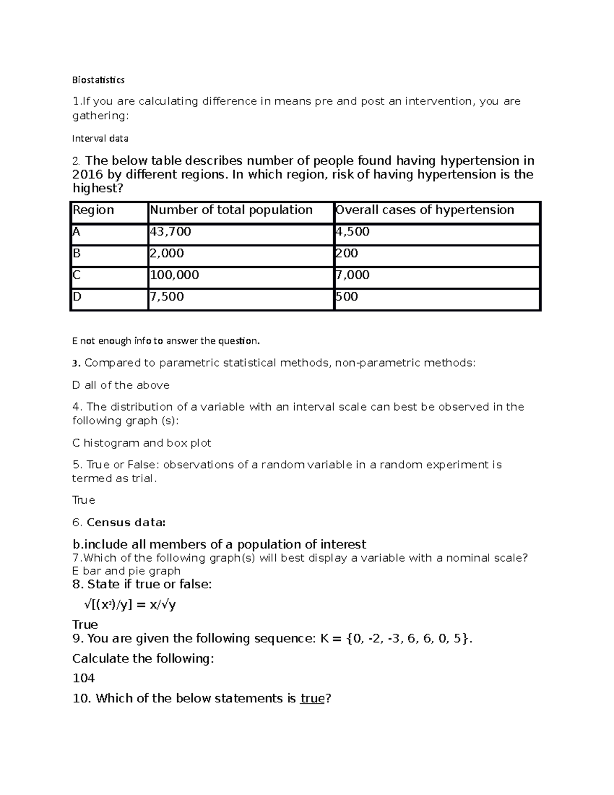 Biostatistics 4510 questionaire - Biostatistics 1 you are calculating difference in means pre ...
