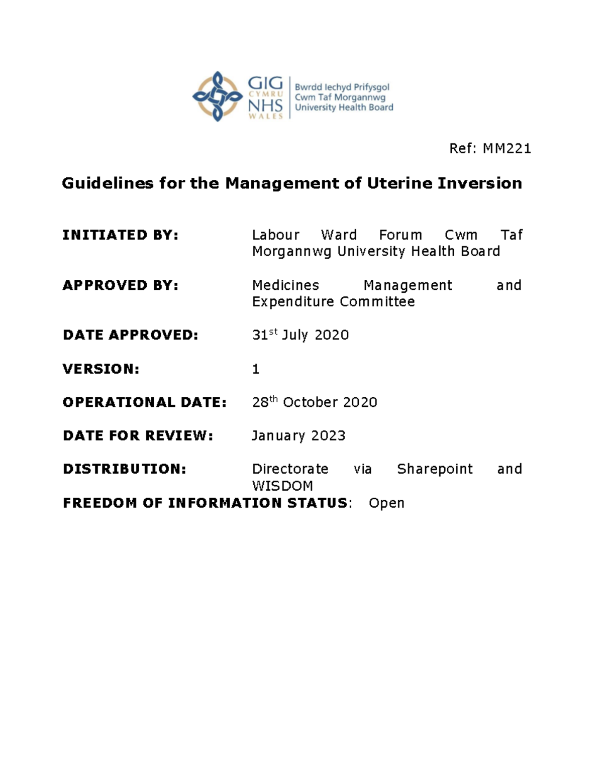 Uterine Inversion(1.1) CTM Guideline 2020 - Ref: MM Guidelines for the ...