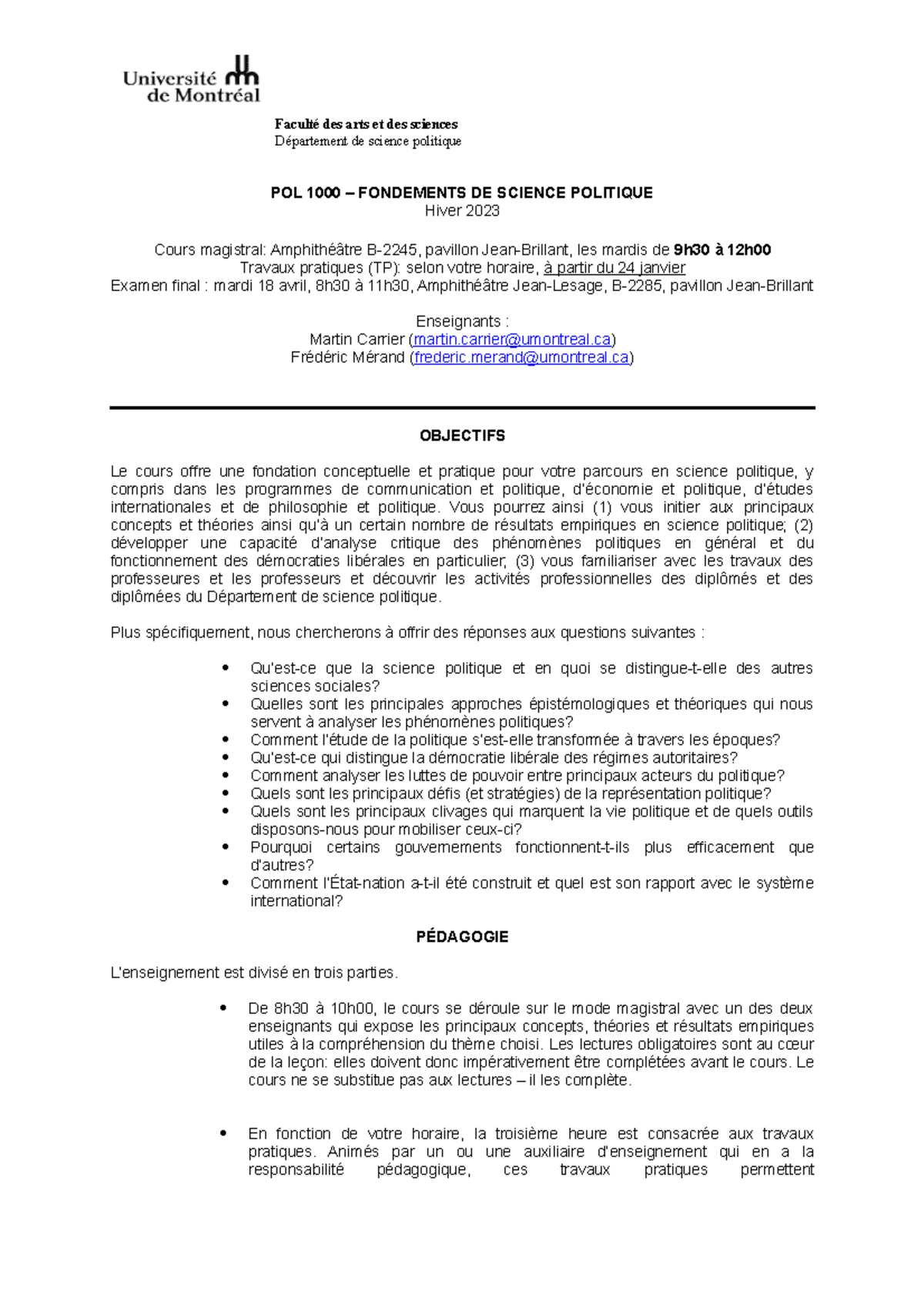 POL 1000 Plan de cours - Faculté des arts et des sciences Département ...