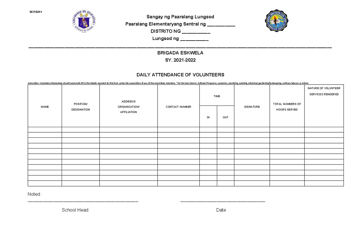 Brigada Eskwela FORM 4 Daily Attendance OF Volunteer - Sangay ng ...