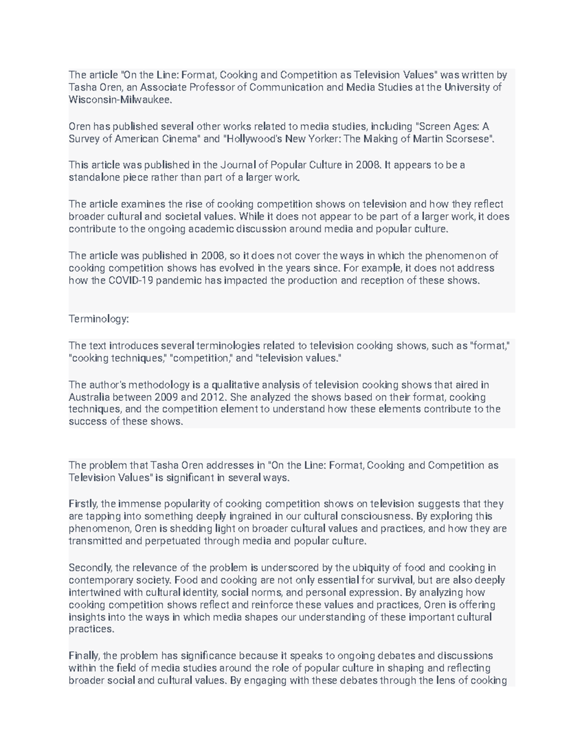 SUMMARY ARTICLE - The article "On the Line: Format, Cooking and ...